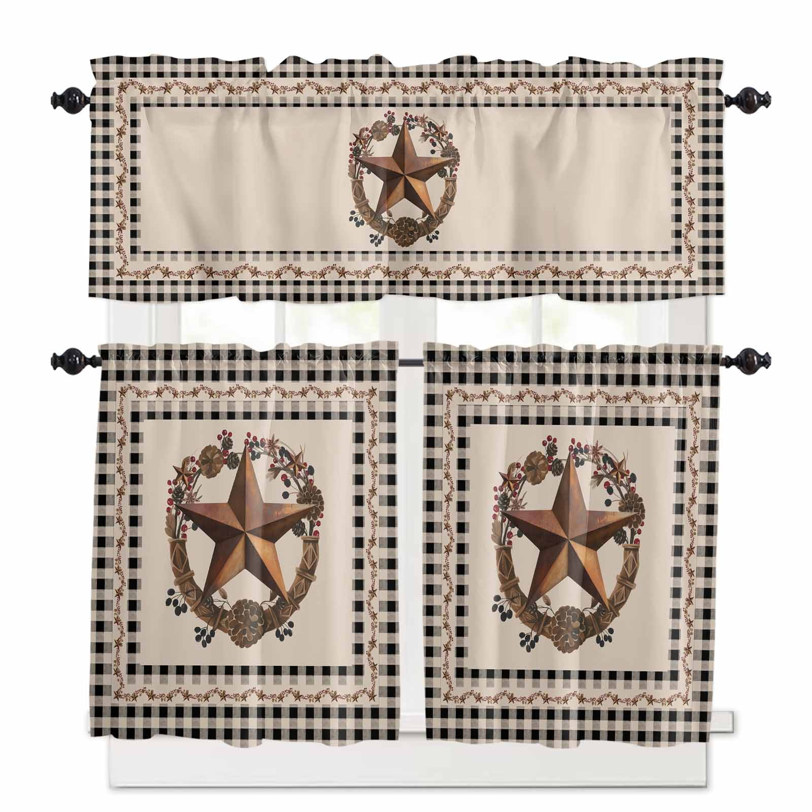 American Country Kitchen Curtains Valance and Tier Set Rusty Star ...