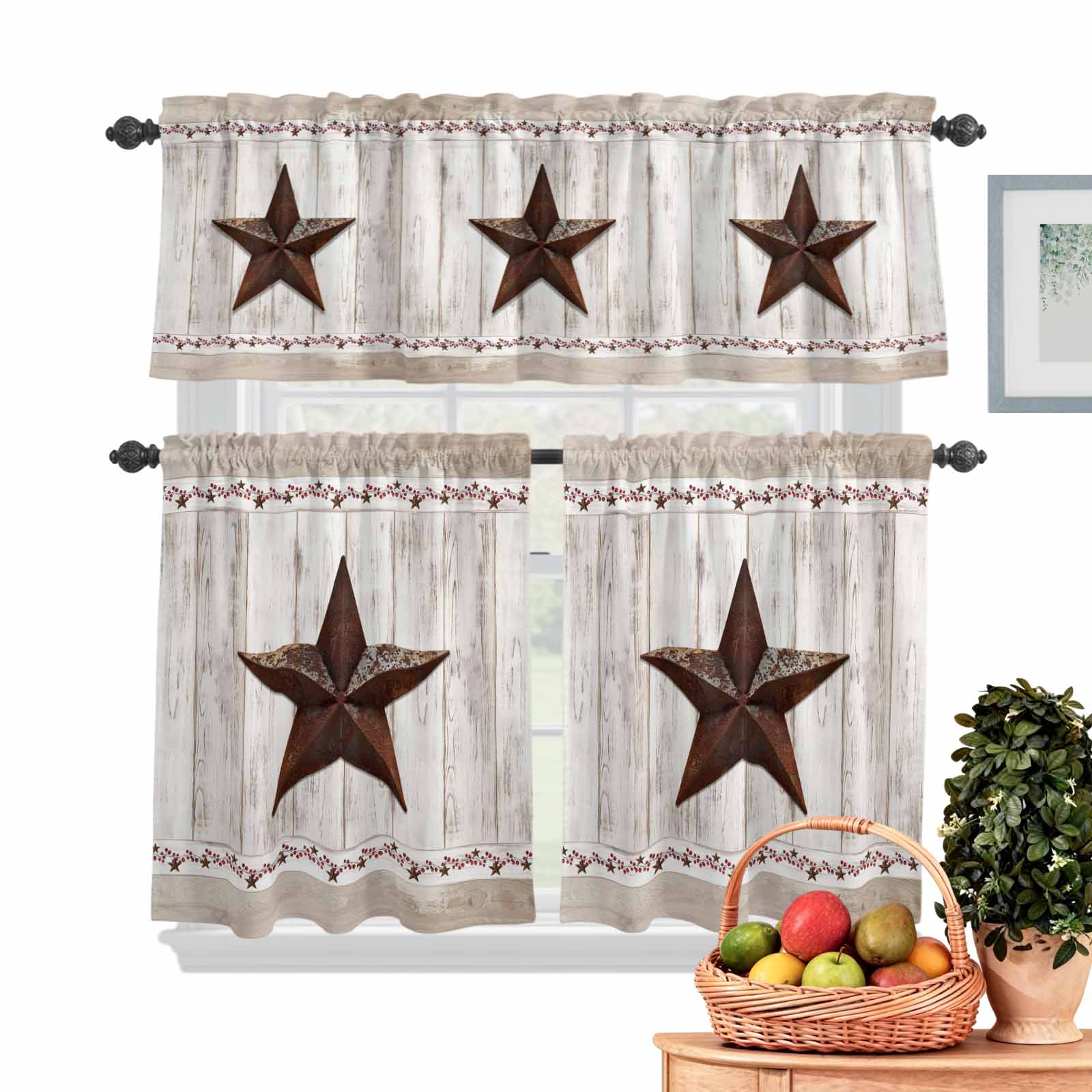 American Country Kitchen Curtains Valances 3 Piece Set, Star Berry ...