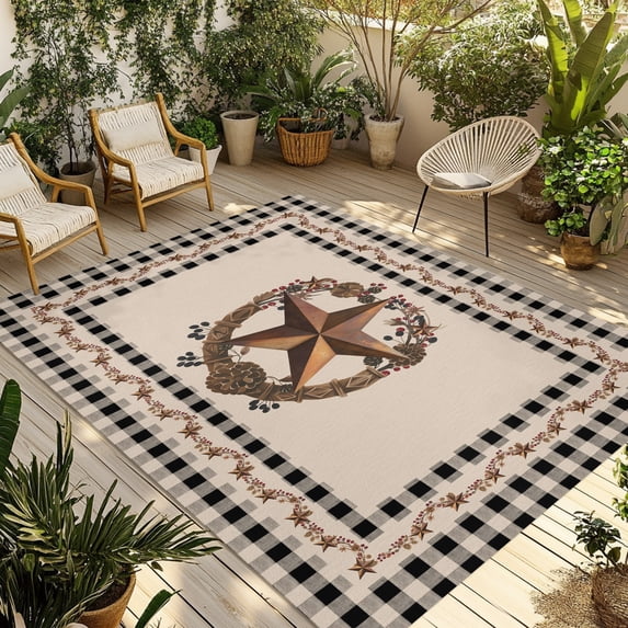 American Country Outdoor Rug, Rusty Star Berries Vine Wreath Black ...