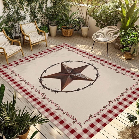 American Country Outdoor Rug, Star Farmhouse Beige Red Buffalo Plaid ...