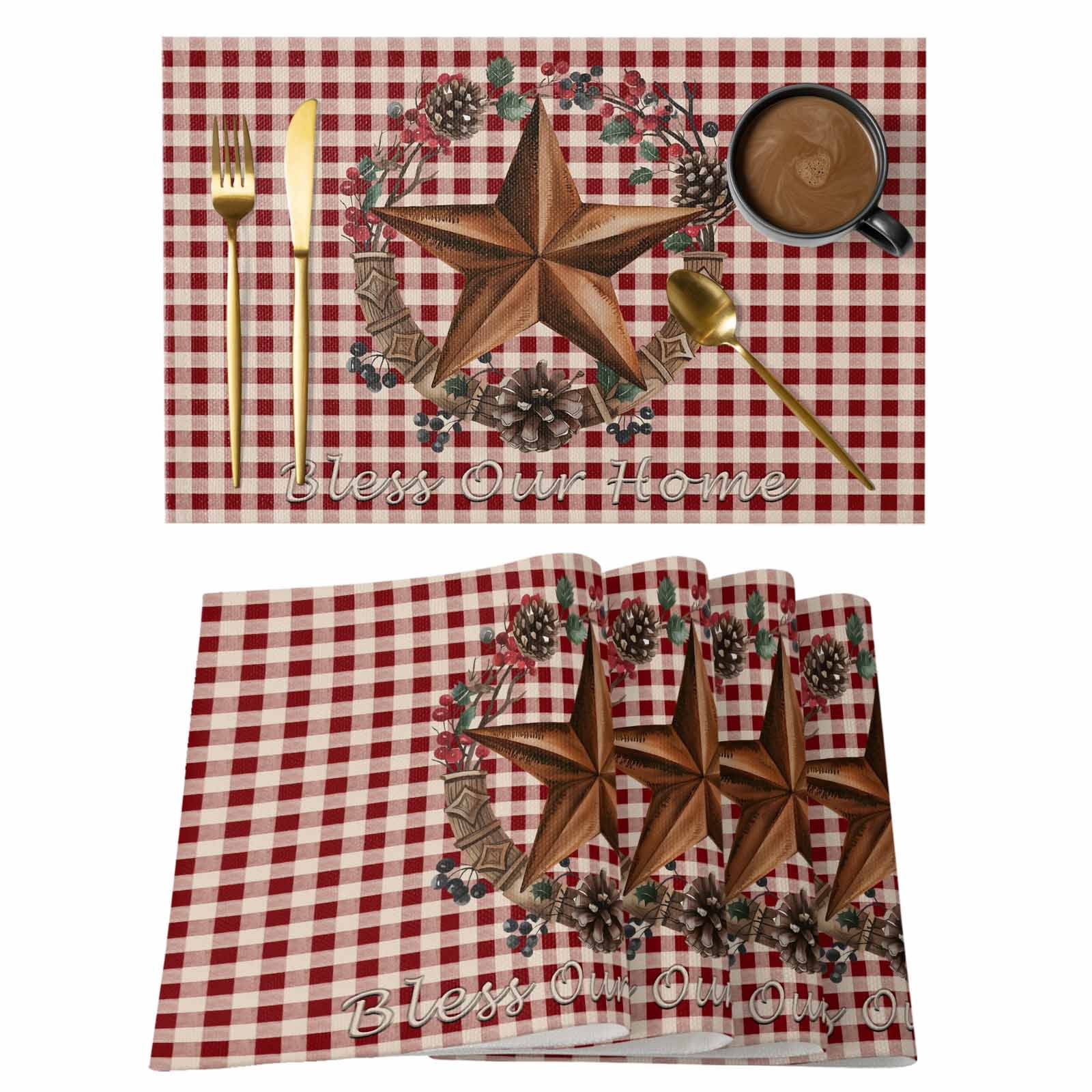 American Country Placemats Set of 12, Star Khaki Wood Board Bless Our ...