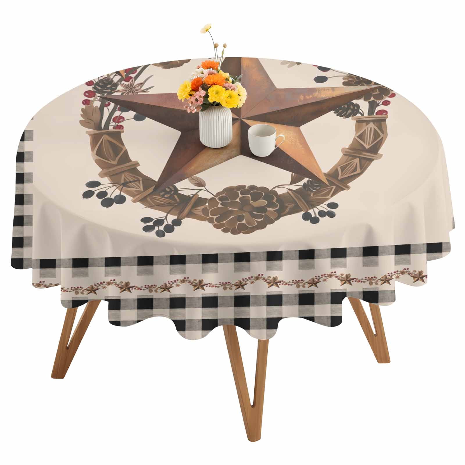 American Country Round Tablecloth 60 inches Rusty Star Berries Vine ...