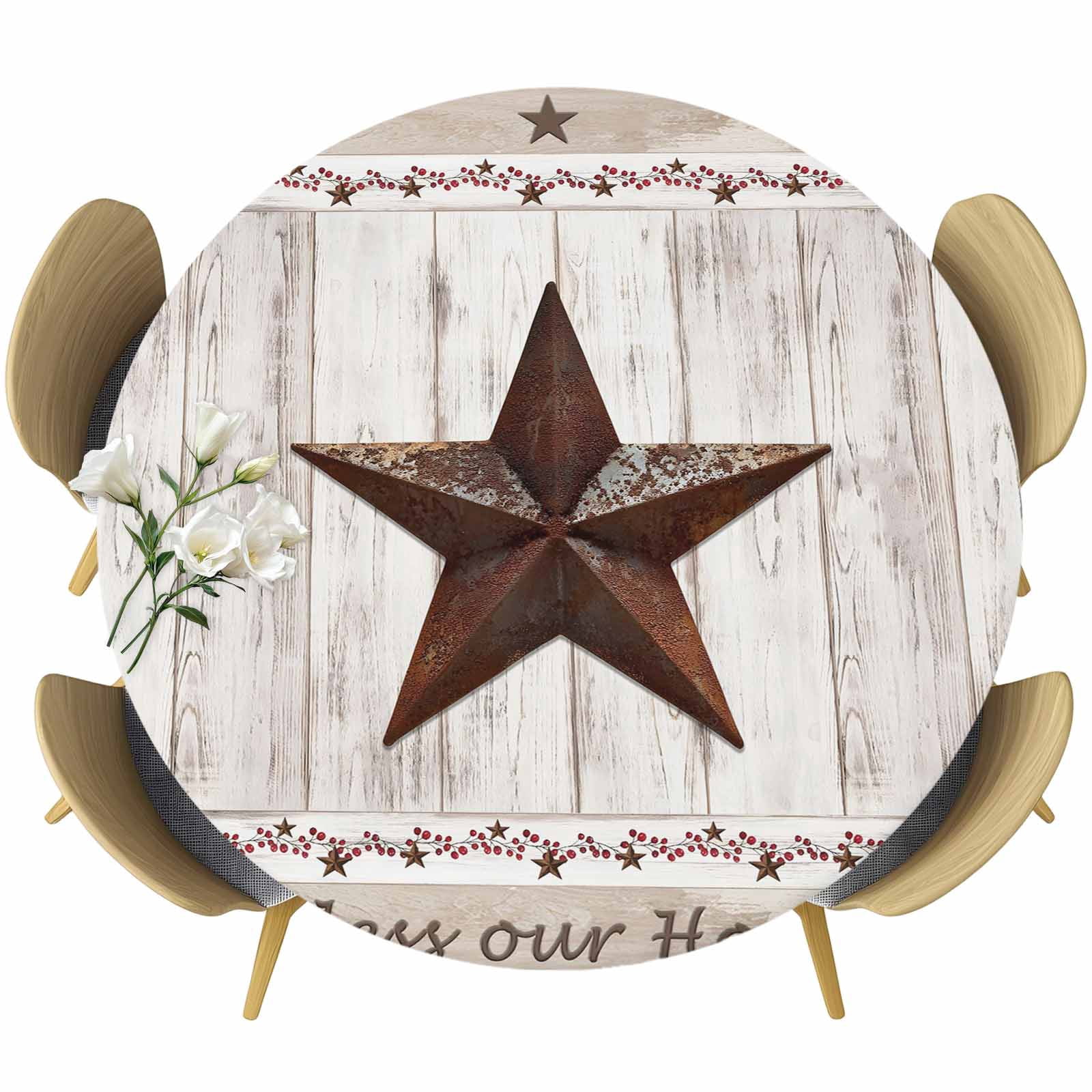 American Country Round Tablecloth, Fitted Table Cover with Elastic for ...