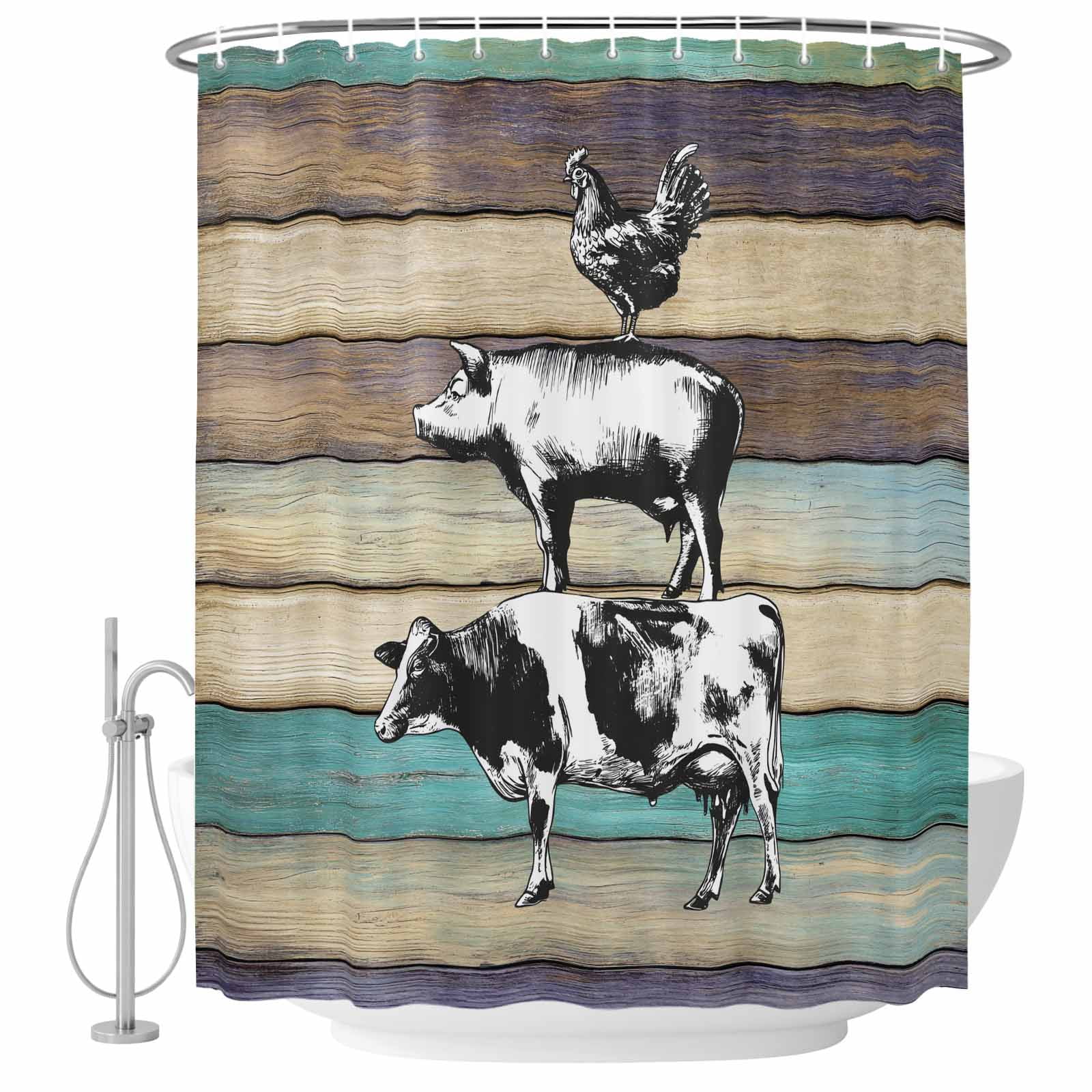 American Country Shower Curtain for Bathroom, Farm Animal Vintage Wood ...