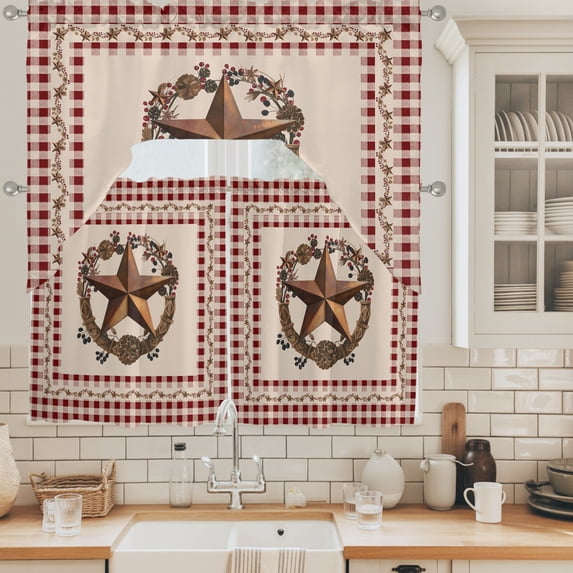 American Country Swag Curtains Valance and Tier Set, Rusty Star Berries ...