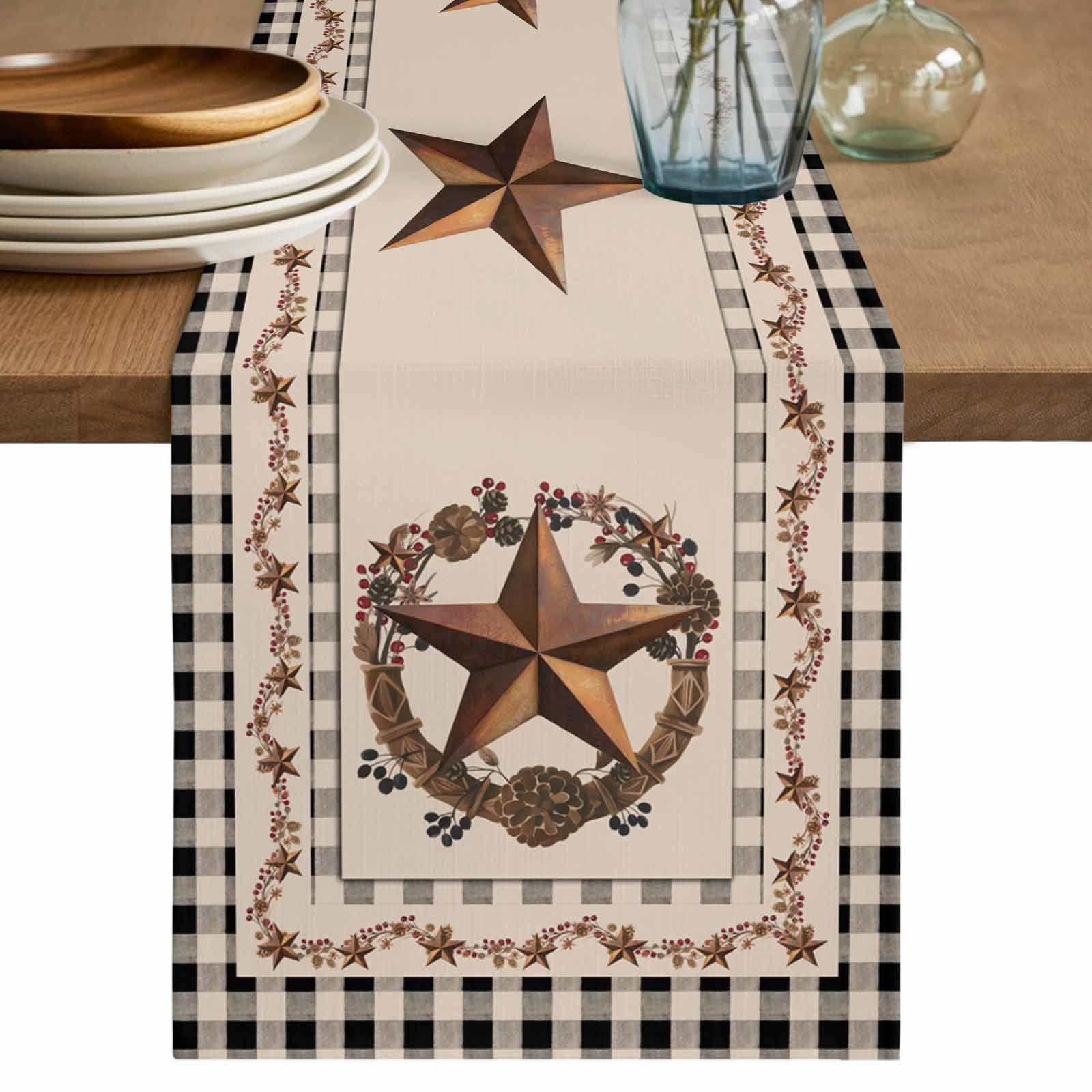 American Country Table Runner, Rusty Star Berries Vine Wreath Black ...
