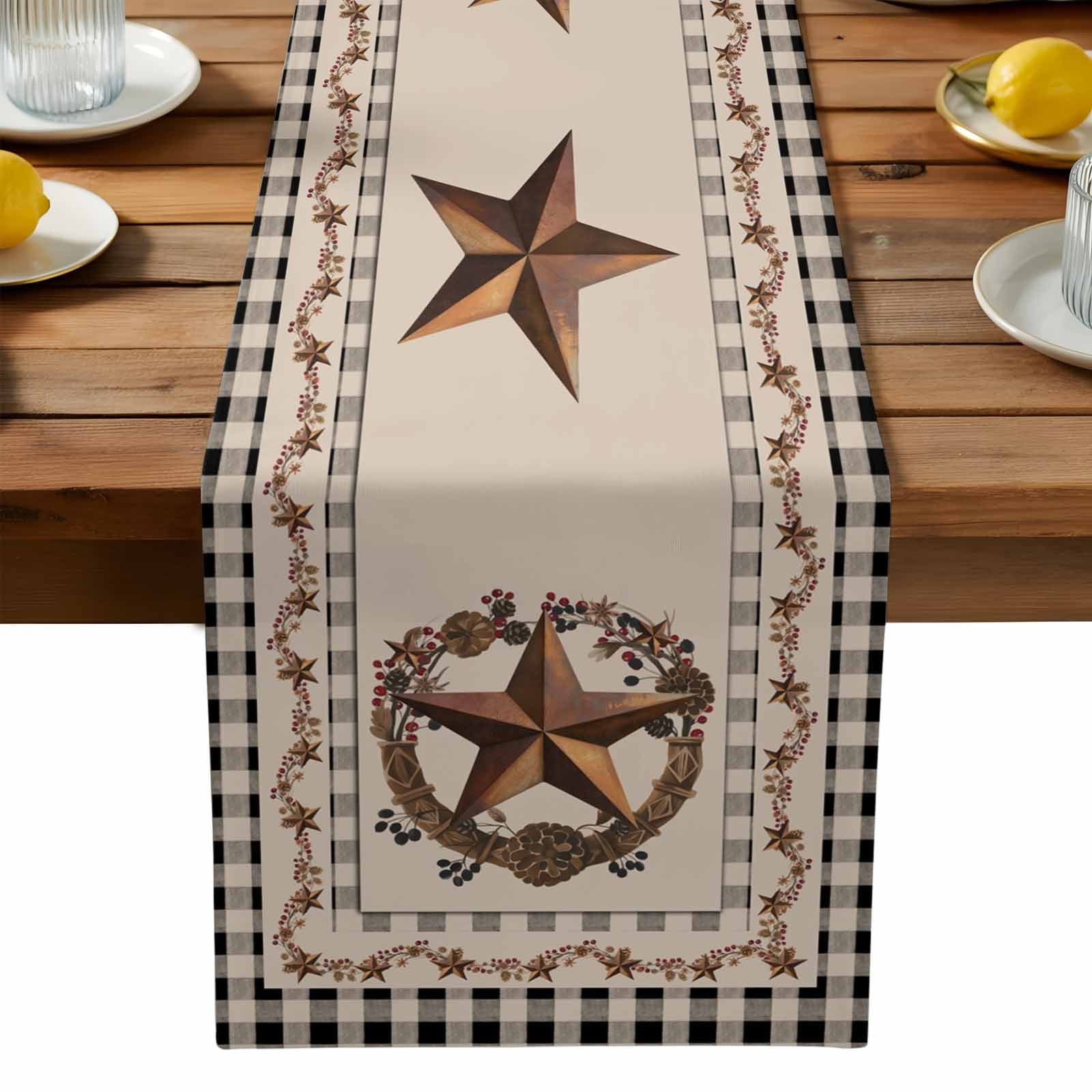 American Country Table Runner, Rusty Star Berries Vine Wreath Black ...