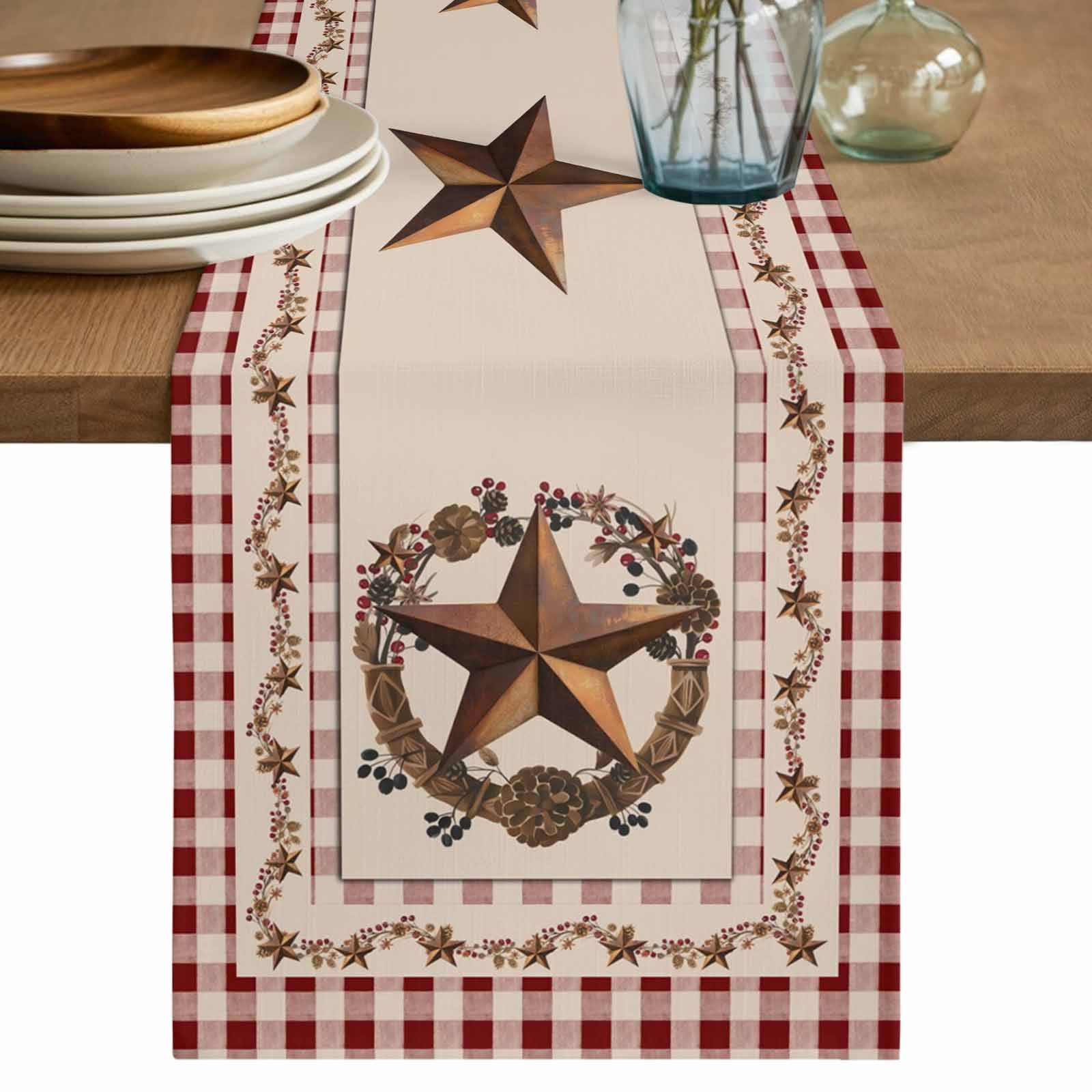 American Country Table Runner, Rusty Star Berries Vine Wreath Red Beige ...