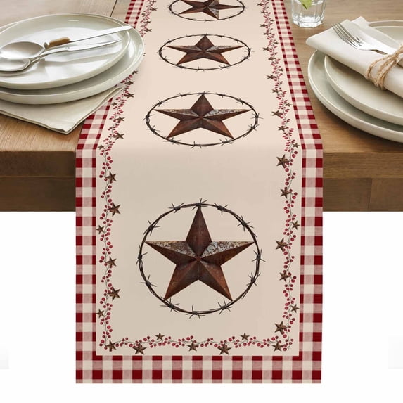 American Country Table Runner, Star Farmhouse Beige Red Buffalo Plaid ...