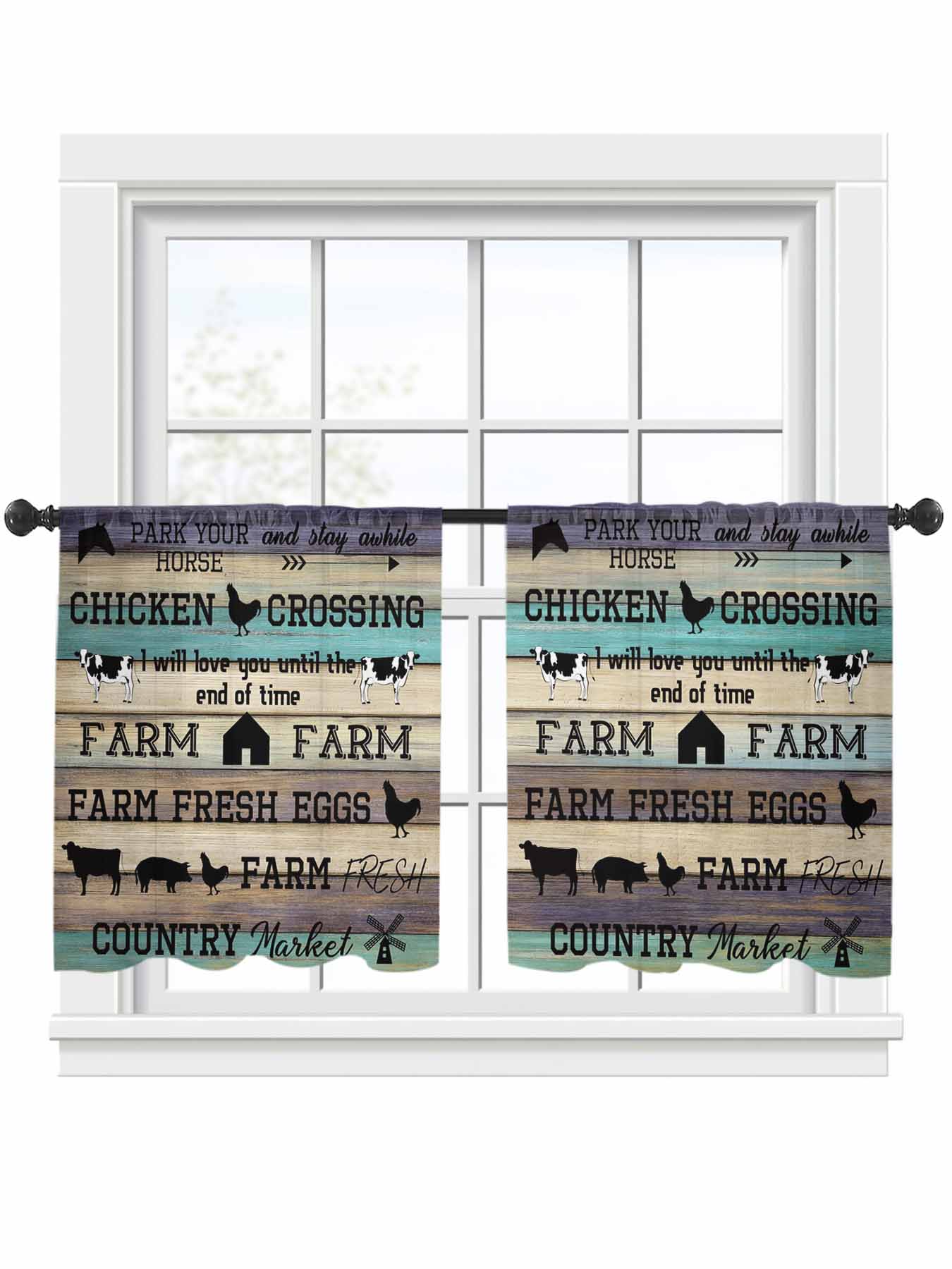 American Country Text Sheer Curtains 54 Inch Long 2 Panels, Farm Animal ...