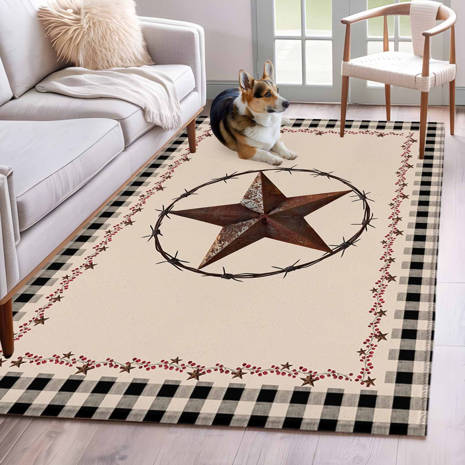 American Country Washable Area Rug 4 x 6 ft Star Farmhouse Beige Black ...