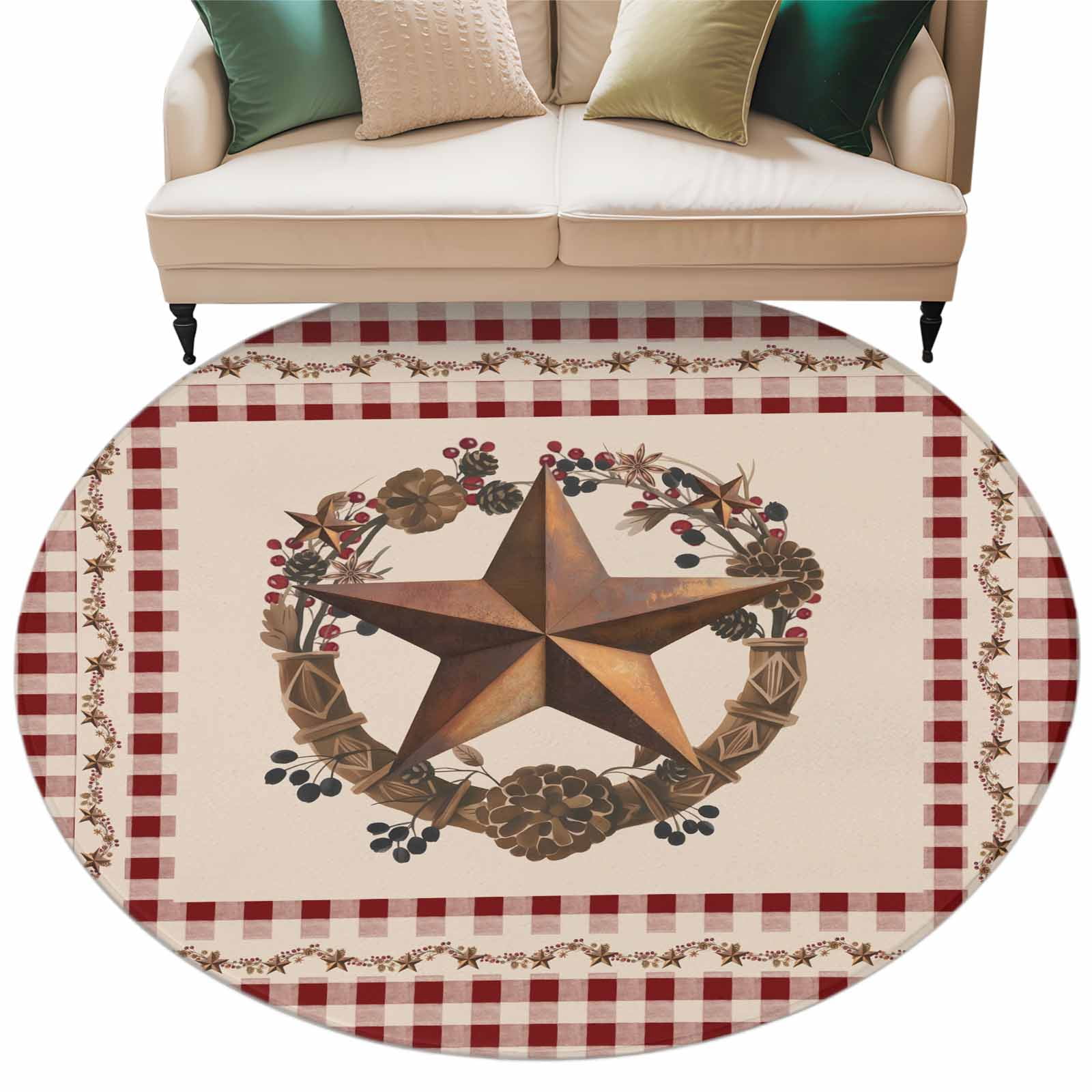 American Country Washable Round Area Rug 5 ft, Rusty Star Berries Vine ...