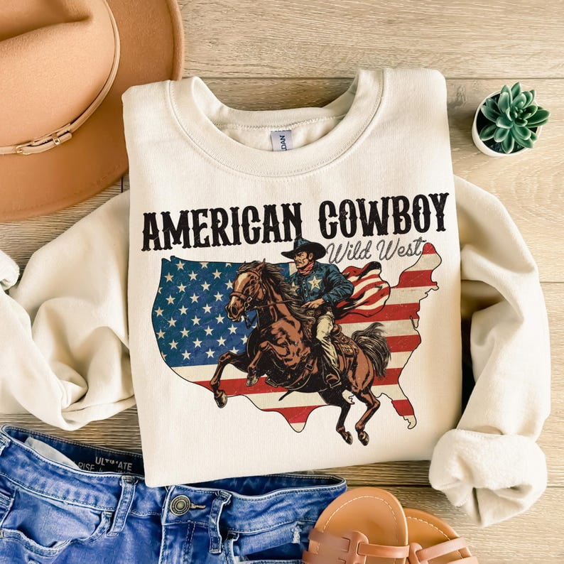 American Cowboy USA Map Sweatshirt, Retro Western 4th of July Pullover ...