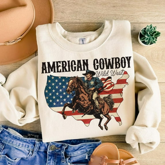 American Cowboy USA Map Sweatshirt, Retro Western 4th of July Pullover ...