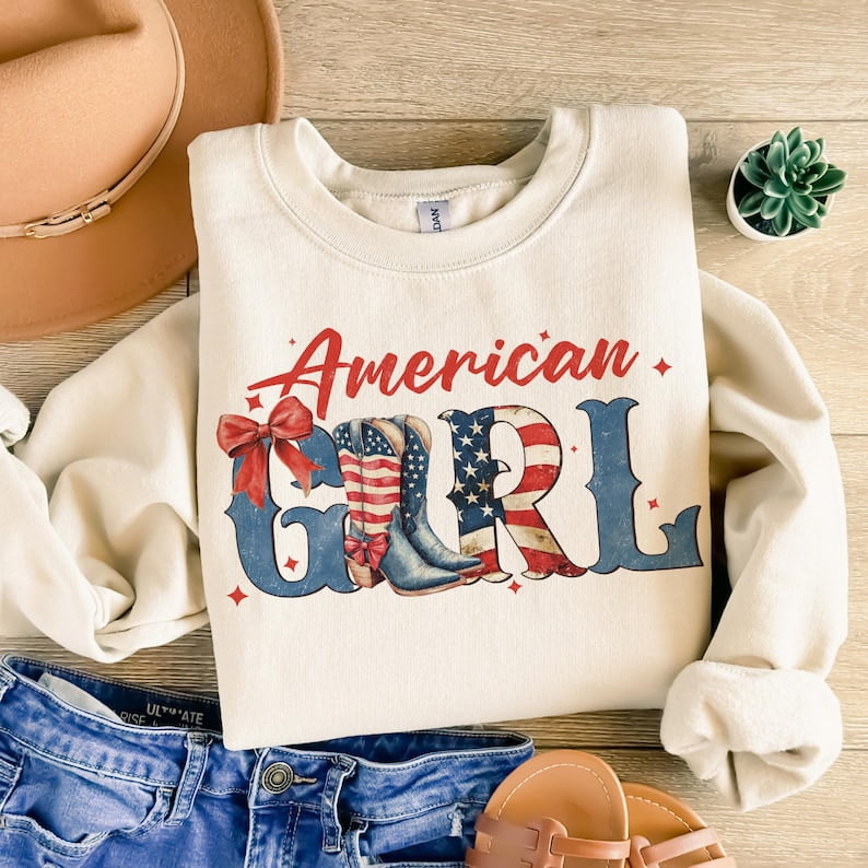 American Cowgirl 4th of July Sweatshirt, Western Girly USA Coquette ...