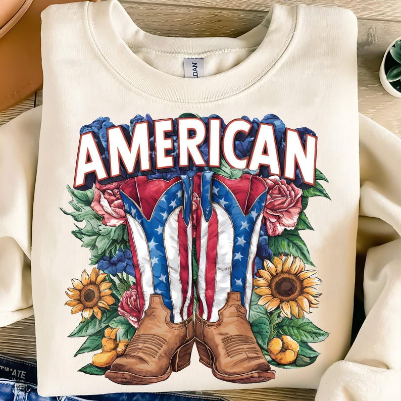 American Cowgirl Boots Sweatshirt – Western USA Flag Crewneck with ...