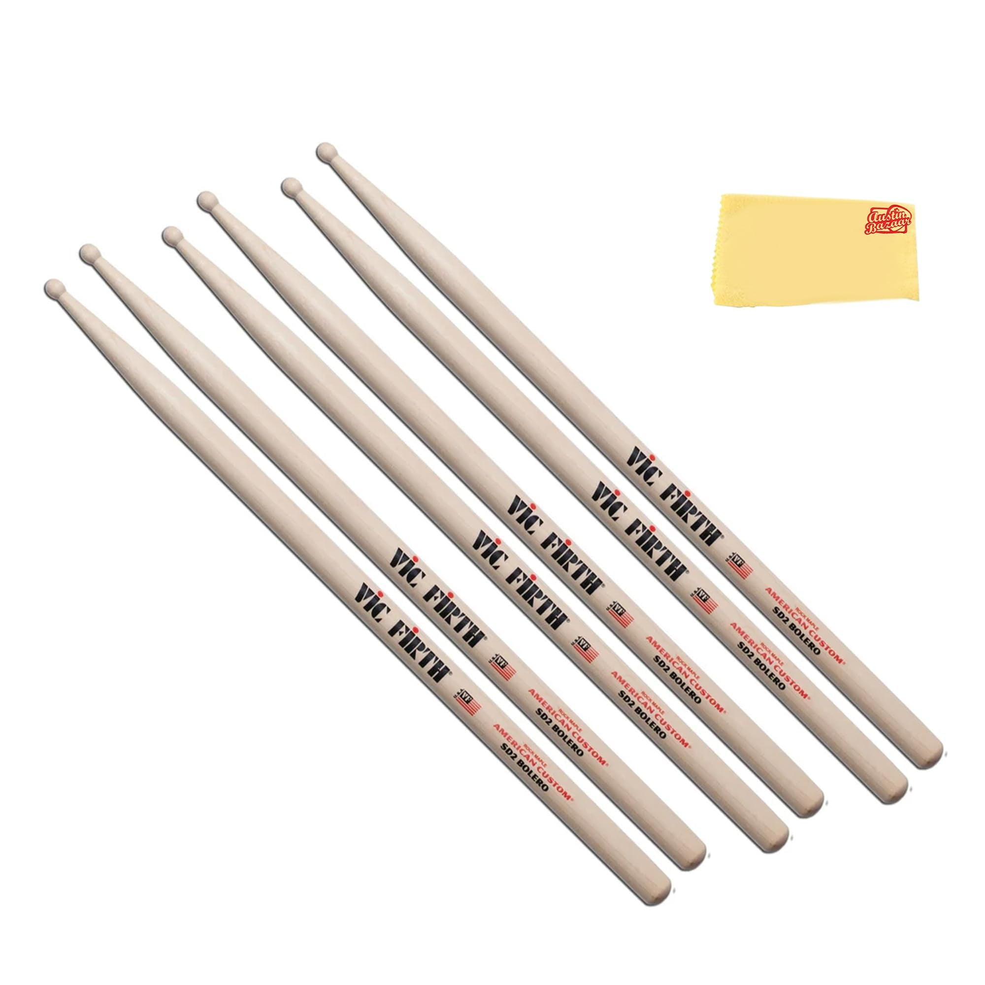 American Custom SD2 Bolero 3-Pack Drumsticks Bundle, Maple Wood with Round Tip for Articulate ...