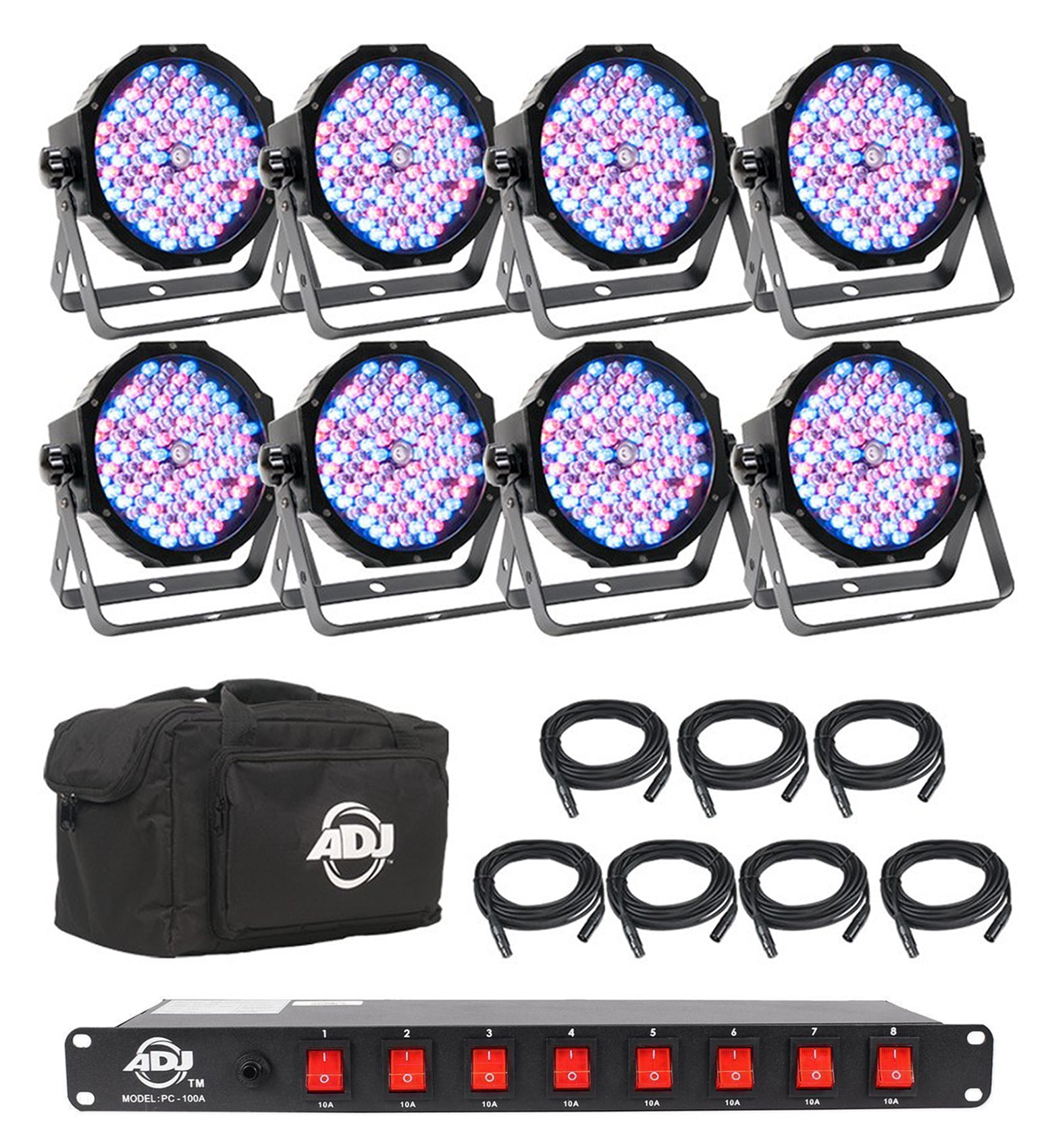 American DJ MEGA FLAT PAK PLUS 8x Mega Par Profile+DMX Cables+Bag+Power ...