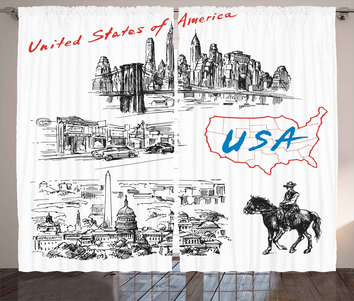 Ambesonne American Curtains 2 Panel Set, Hand Drawn USA Map, 108" x 90 ...