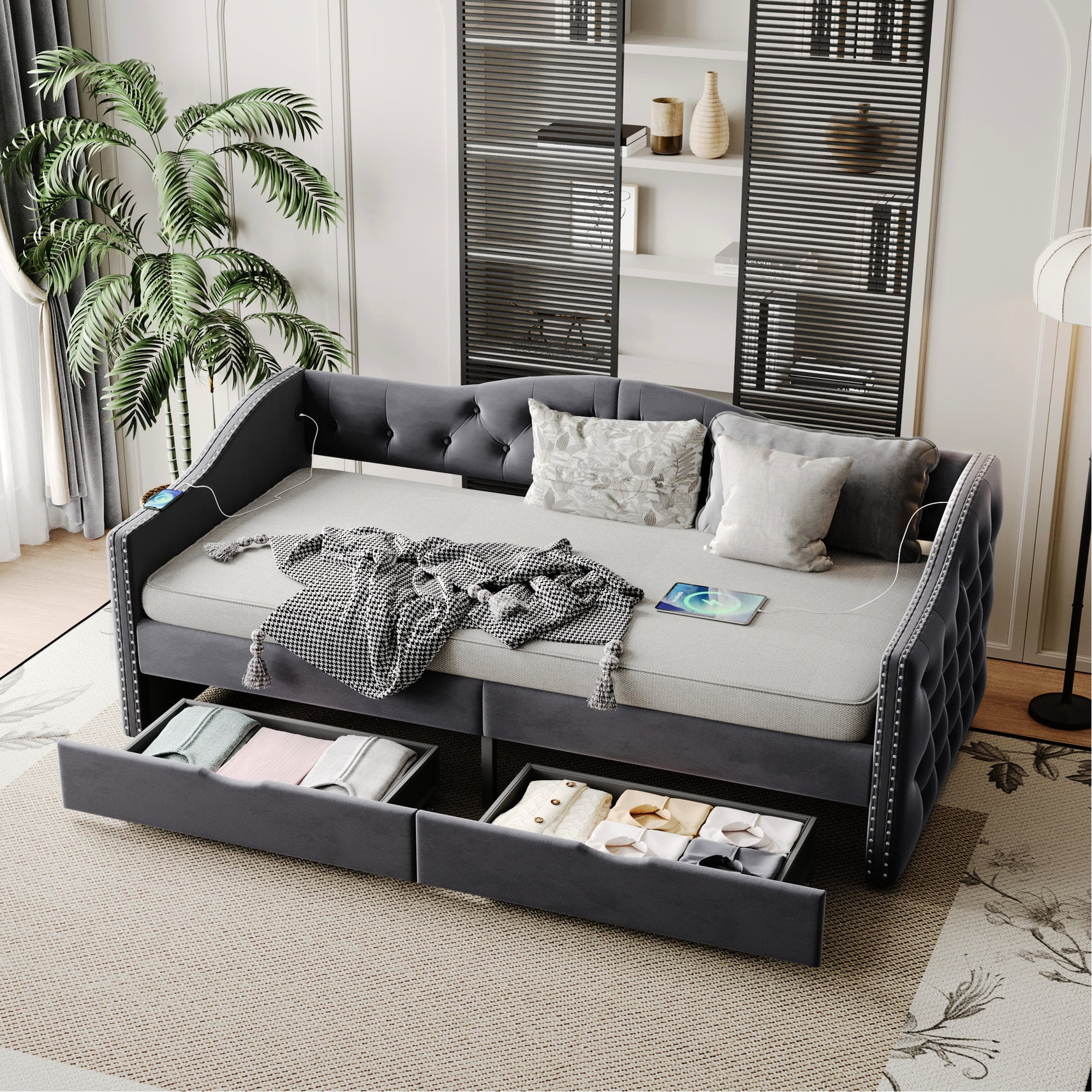 American Design Twin Wood Daybed with Upholstered Wing-back Arms ...