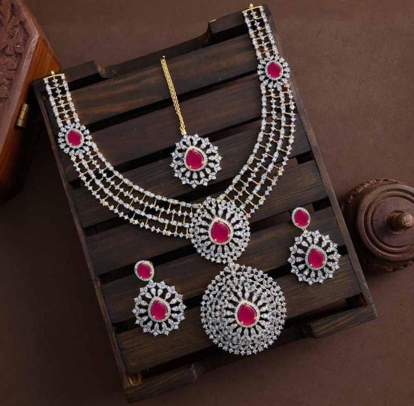 American Diamond Necklace Set with Earrings and Mang Tikka Indian ...
