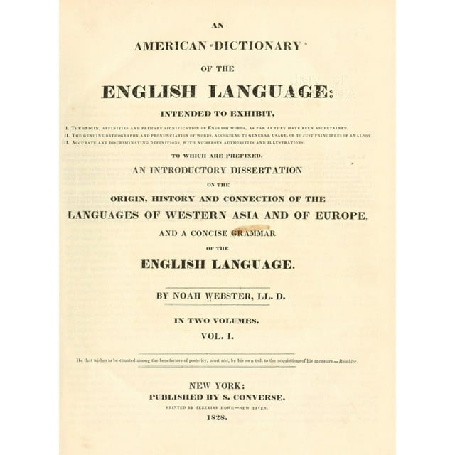American Dictionary Of The English Language By Noah Webster. Title Page ...