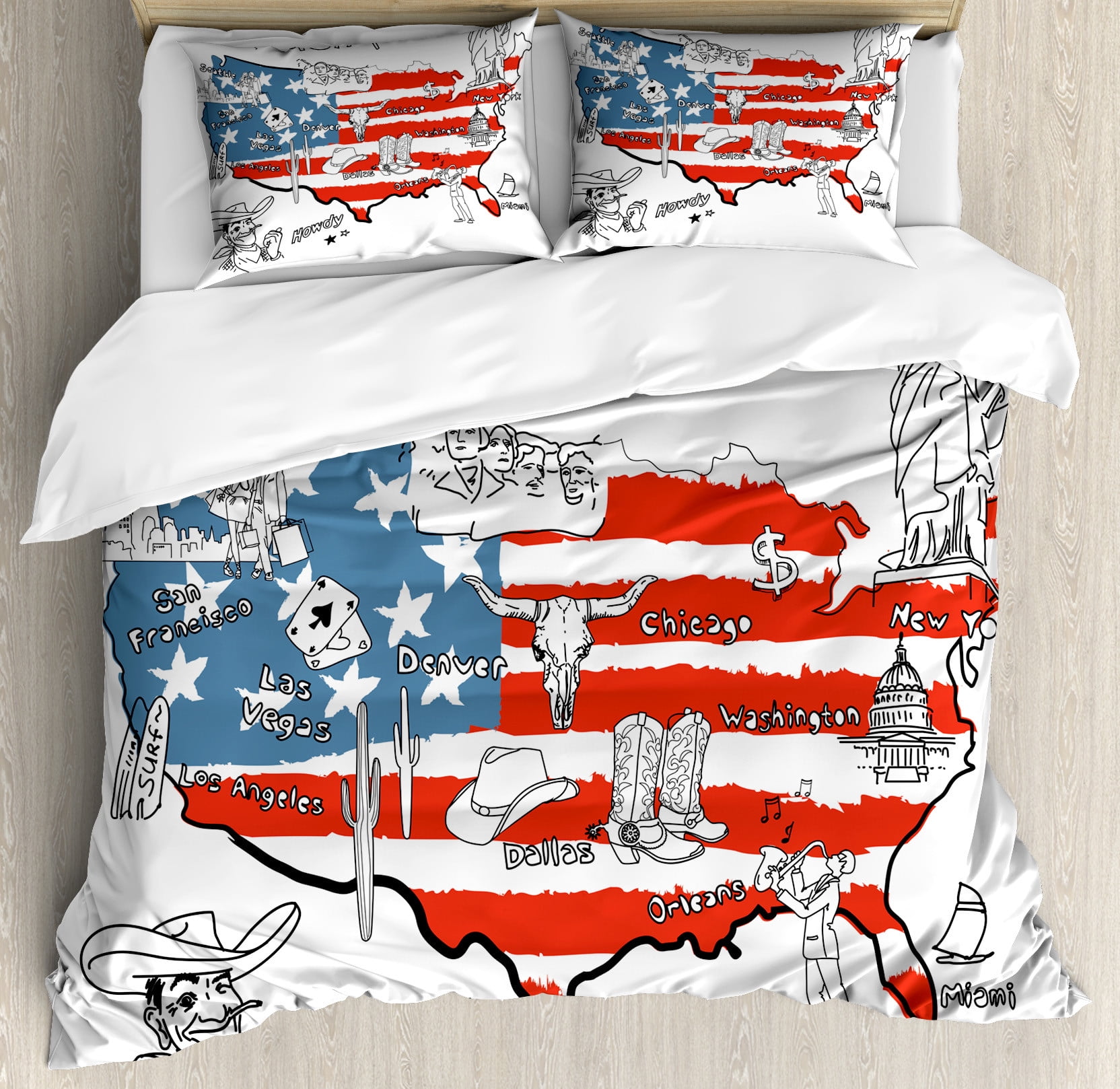 American Duvet Cover Set, USA Flag Hand Drawn All States Cultural ...