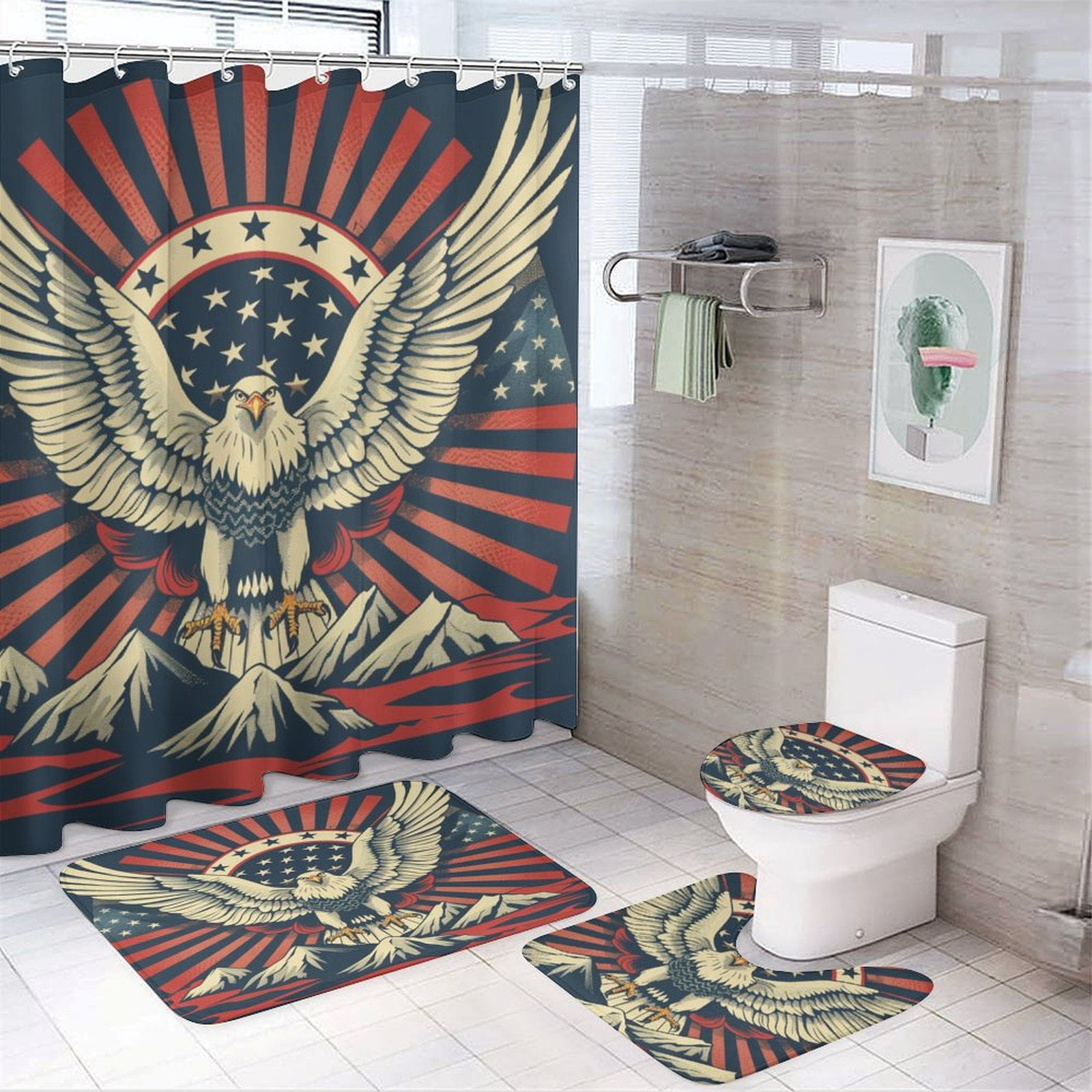 American Eagle Flag 4 Piece Bathroom Rug Set with Shower Curtain with ...