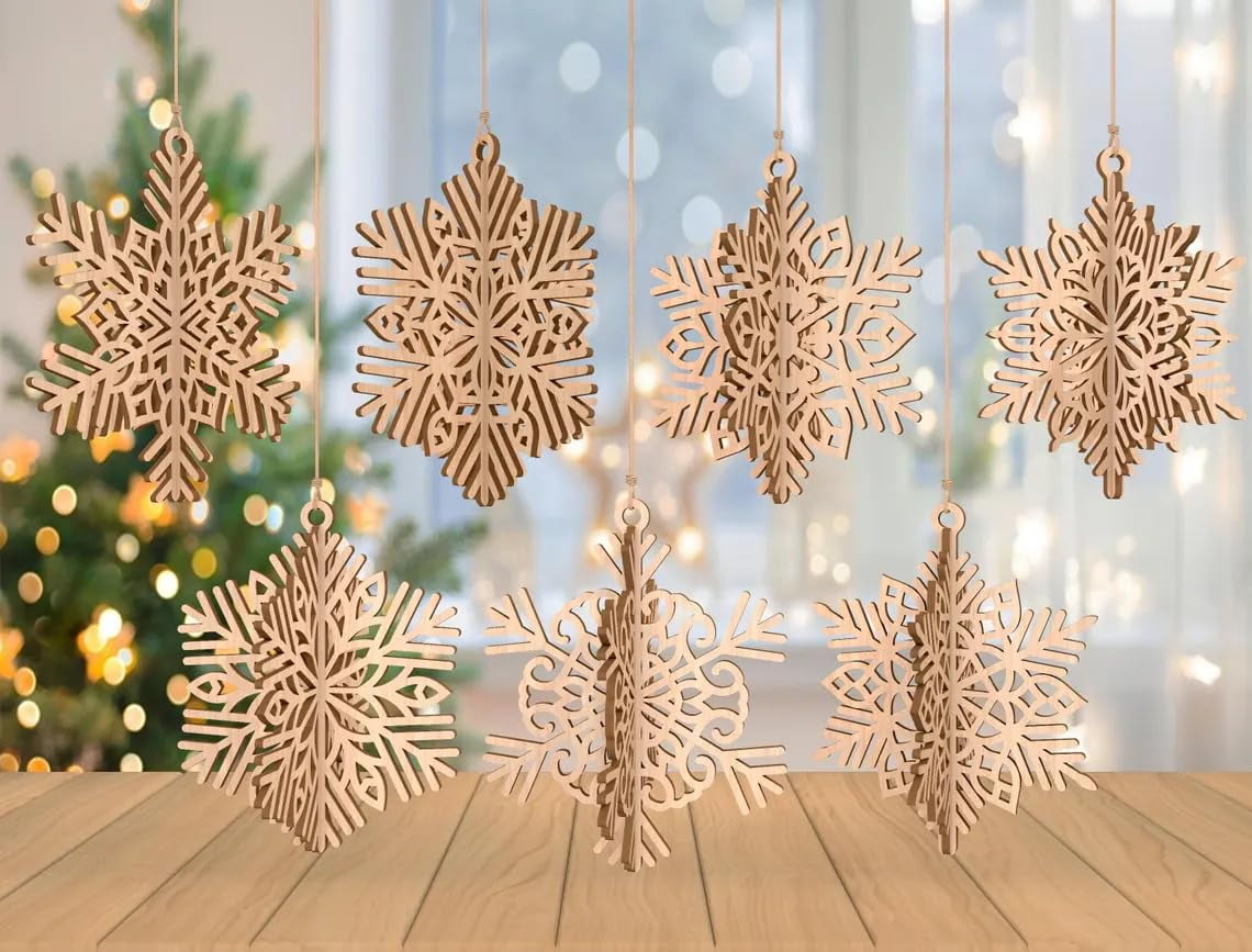 American Elm Pack of 7 3D Snowflake Ornament Wooden 3D Christmas ...