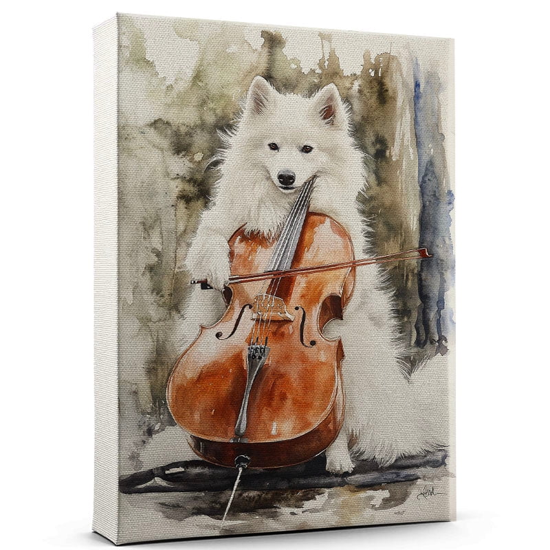 American Eskimo Dog Stretched Canvas Size 8x12 – Cello Theme Dog Art ...