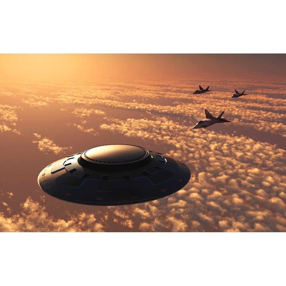 American F-22 stealth Raptor aircraft chasing a much larger UFO Poster ...