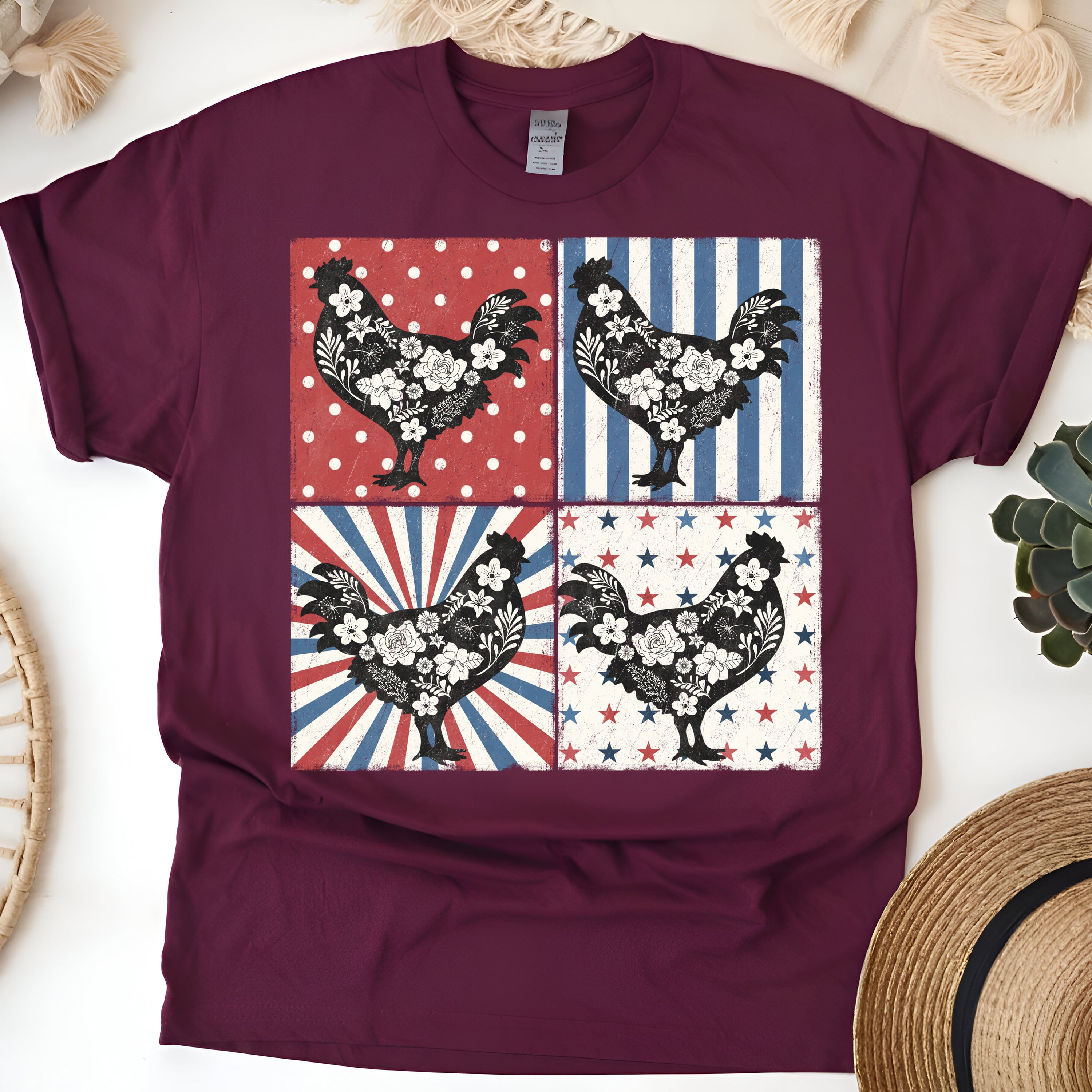 American Farm Style Chicken Shirt | Red White Blue Rustic Graphic Tee ...