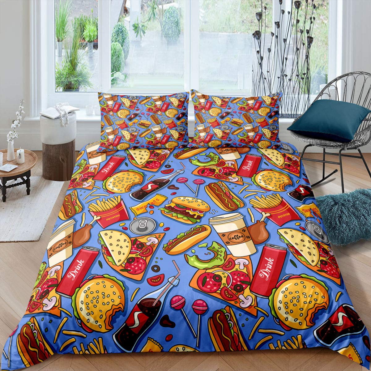 American Fast Food Duvet Cover Set Full Size Polyester Pizza Hotdog ...