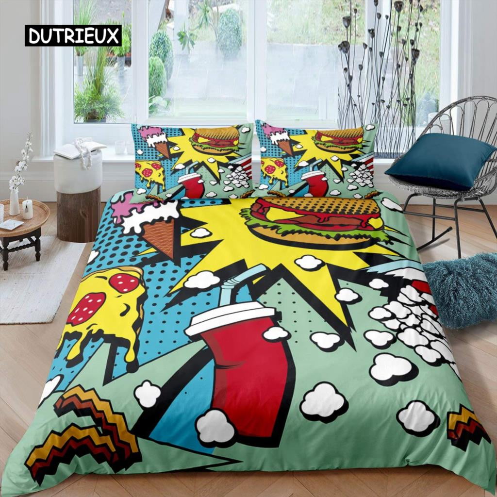 American Fast Food Duvet Cover Set Full Size Polyester Pizza Hotdog ...