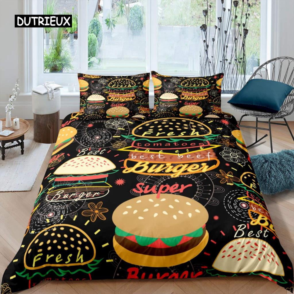American Fast Food Duvet Cover Set Full Size Polyester Pizza Hotdog ...