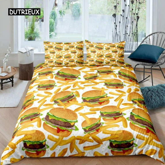 American Fast Food Duvet Cover Set Full Size Polyester Pizza Hotdog ...