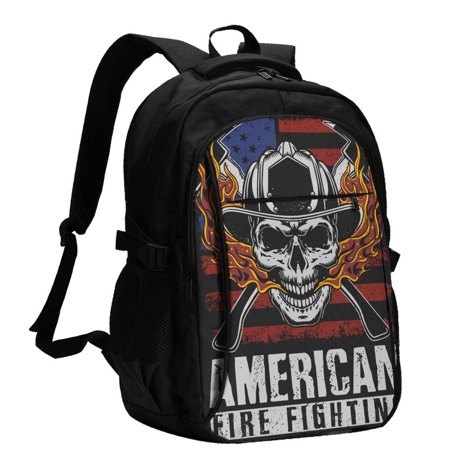 American Fire Fighter Skull Laptop Backpack with USB Charging Headphone ...