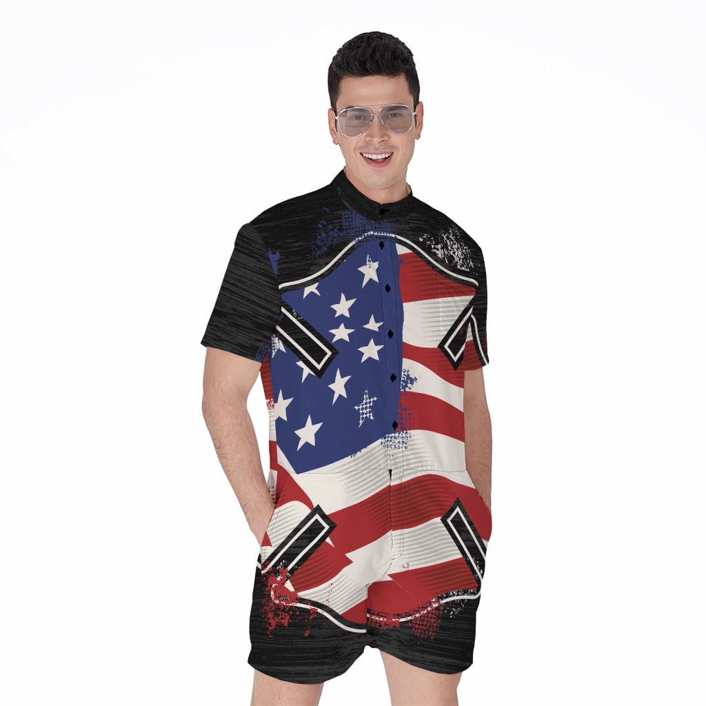 American Firefighter Emblem Short Sleeve Men'S Rompers, American Flag ...