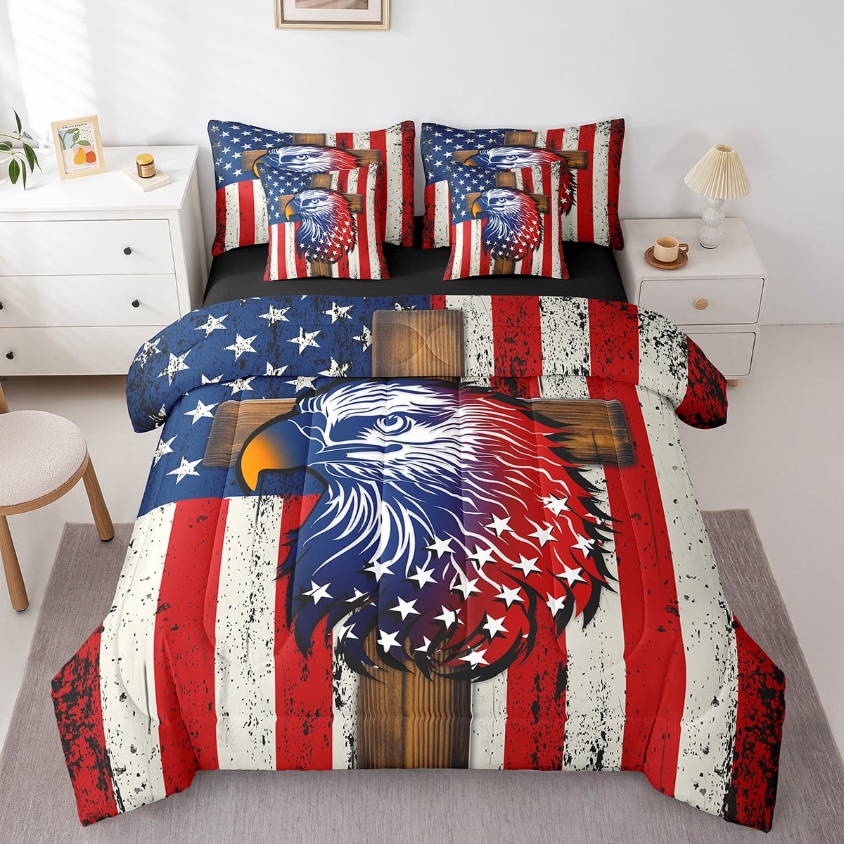 American Flag 7Pcs Comforter Set Queen Size,Cartoon Eagle Bedding Set ...