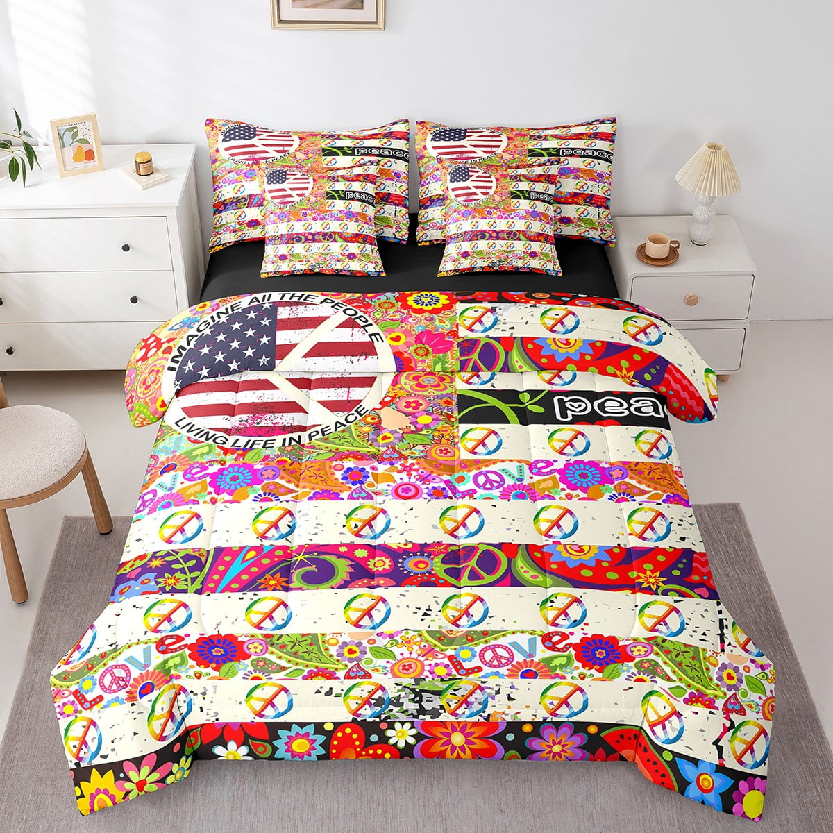 American Flag 7Pcs Comforter Set Twin Size,Peace Sign Art Bedding Set ...
