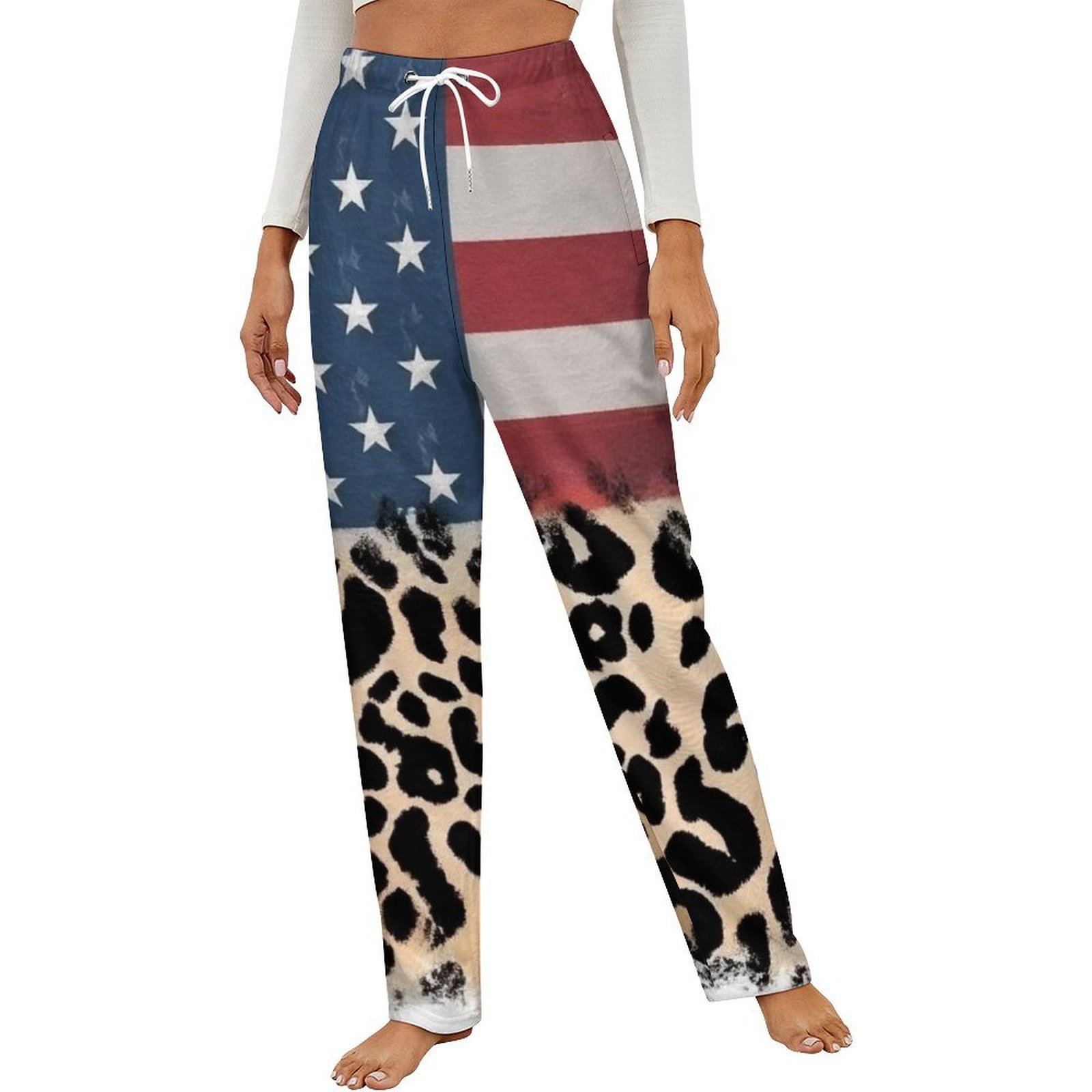 American Flag And Leopard Print Pattern Winter Female Pants Flannel ...