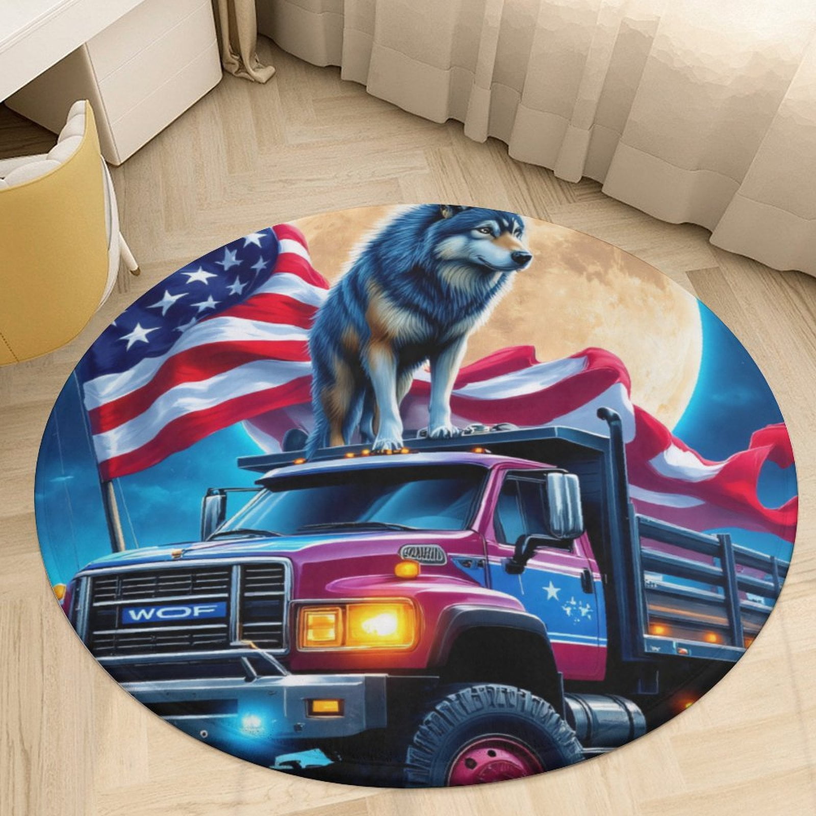 American Flag And Wolf Truck Art Round Area Rugs for Bedroom Living ...