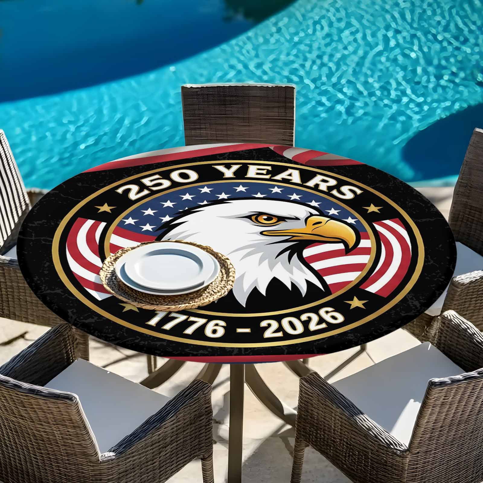 American Flag Bald Eagle Round Fitted Tablecloth with Elastic Edge ...