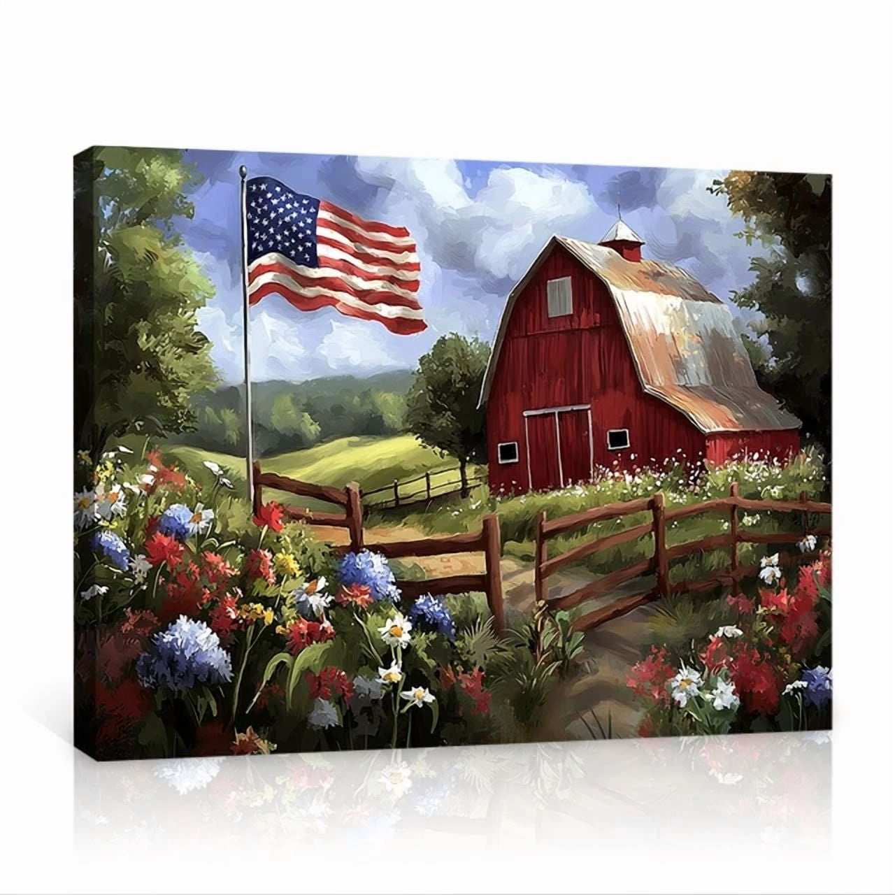 American Flag Barn Wall Art Print Patriotic Landscape Poster Artwork ...