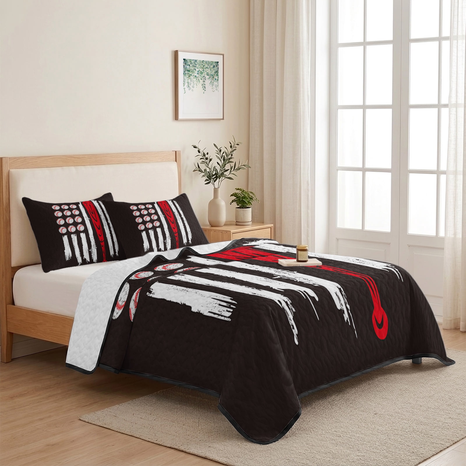 American Flag Baseball 3 Pieces Quilt Set,1 Quilt with 2 Shams,Patriot ...