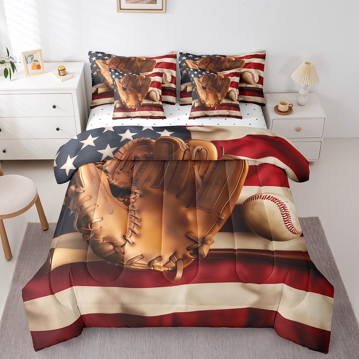 American Flag Baseball Bed in a Bag Full Comforter Set 7 Pcs,Sports ...