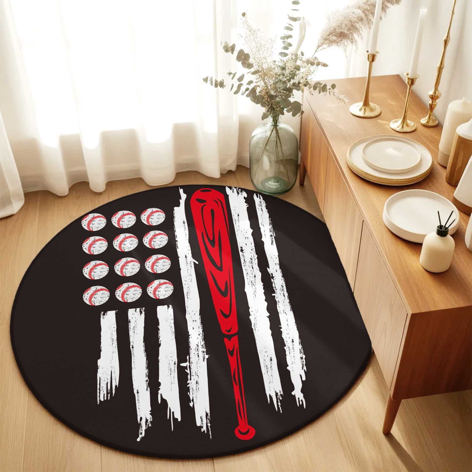 American Flag Baseball Round Rug 3ft Patriot Black and White Red ...