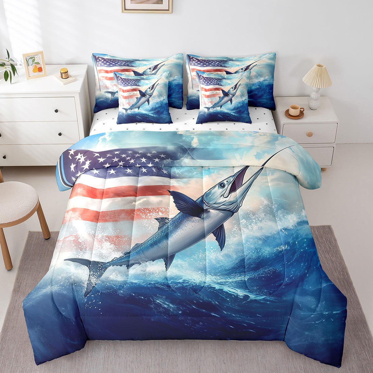 American Flag Bass Fishing Bedding Set Hunting And Fishing Comforter ...