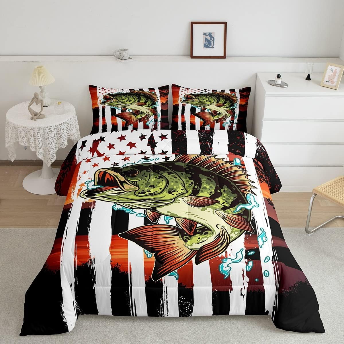 American Flag Bass Fishing Comforter Set Nature Big Pike Fish Bedding ...
