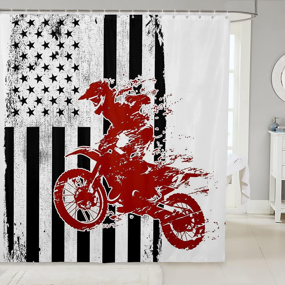 American Flag Bathtubs Shower Curtain Set Racing Motorcycle Rider ...